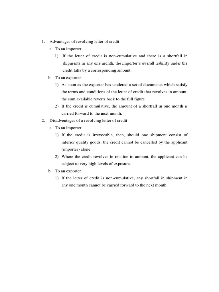 Advantages and Disadvantages of Revolving Letter of Credit | PDF ...