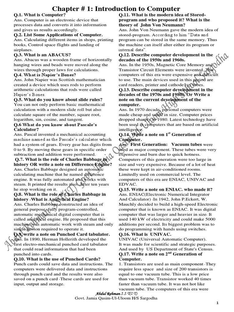 Chapter # 1: Introduction To Computer: Govt. Jamia Qasim-Ul-Uloom H/S ...
