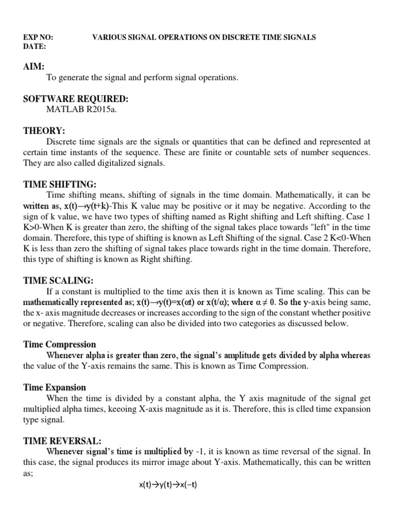 Exp No: Various Signal Operations On Discrete Time Signals Date | PDF ...