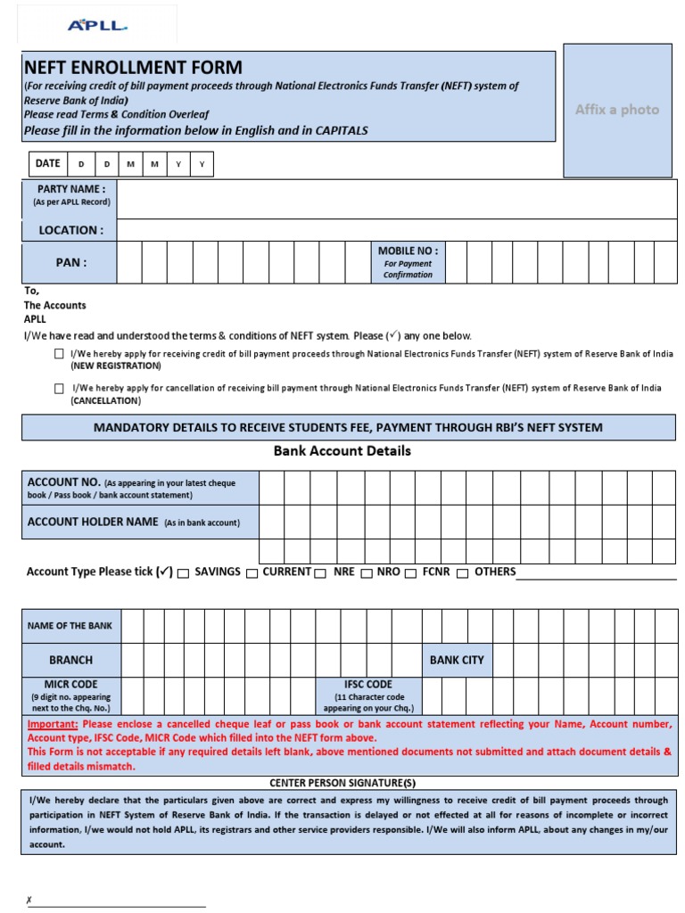 Neft Enrollment Form: Please Fill in The Information Below in English ...