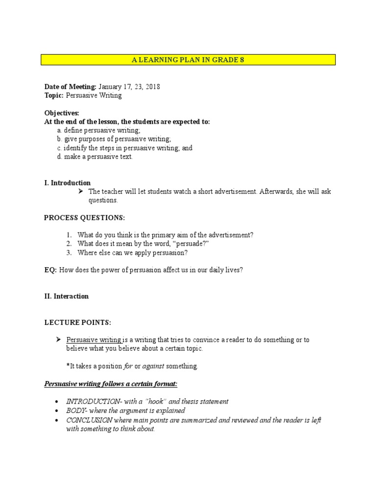 A Learning Plan in Grade 8 Persuasive | PDF | Persuasion | Audience