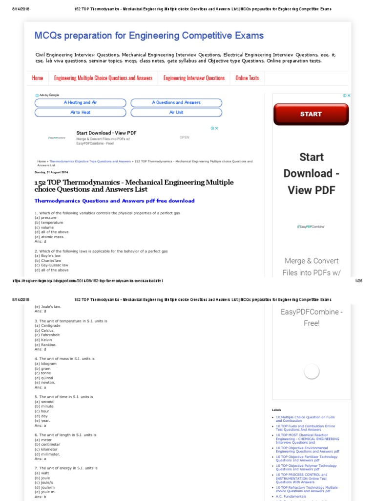 152 Top Thermodynamics Mechanical Engineering Mcqs With Answers | PDF | Gases | Temperature