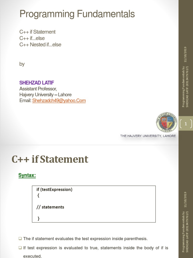 Programming Fundamentals: C++ If Statement C++ If... Else C++ Nested If... Else | PDF | C++ ...