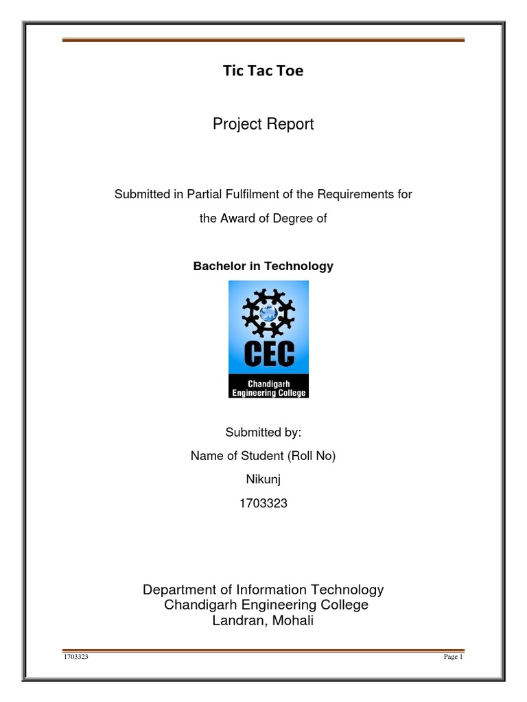 Tic Tac Toe: Project Report | PDF | Computing | Areas Of Computer Science