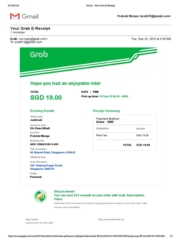 Hope You Had An Enjoyable Ride!: Your Grab E-Receipt | PDF | Service ...