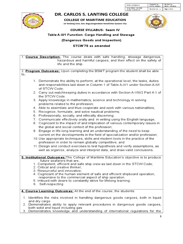 Dr. Carlos S. Lanting College: College of Maritime Education Course ...