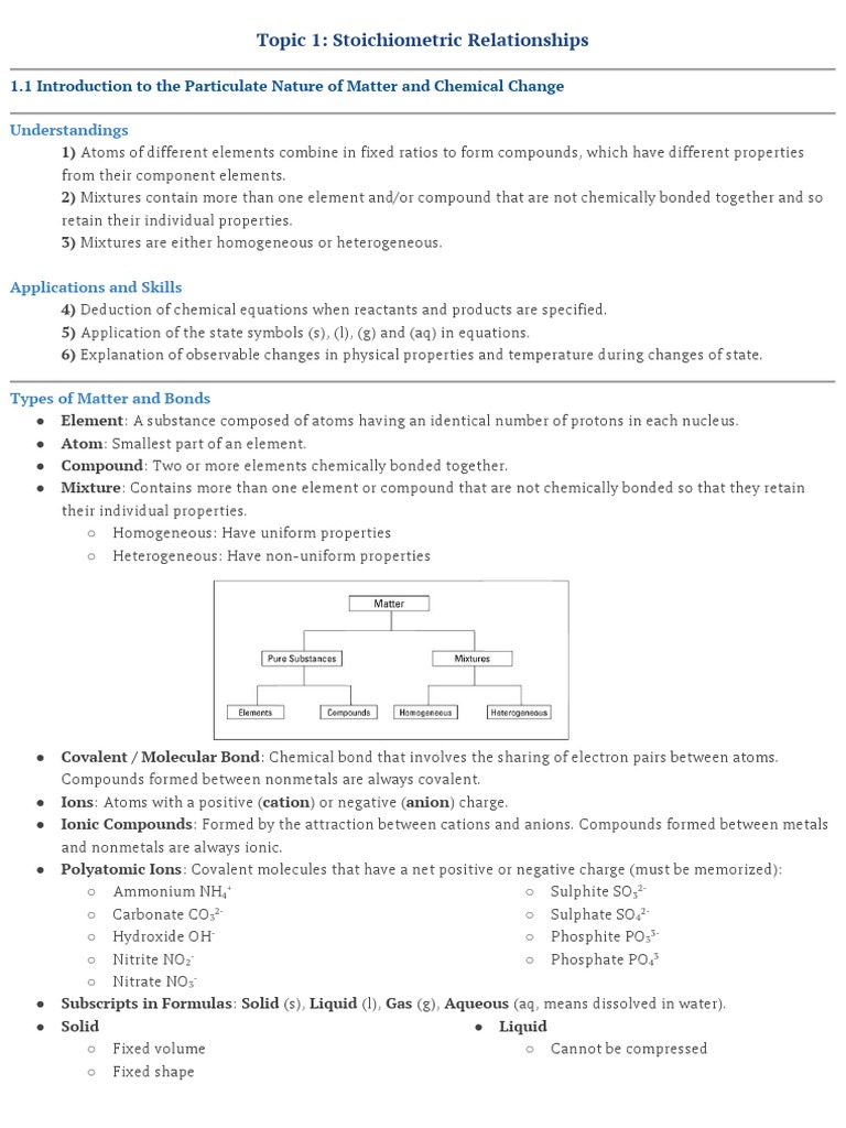 IB Chemistry Topic 1 Notes | PDF | Mole (Unit) | Gases