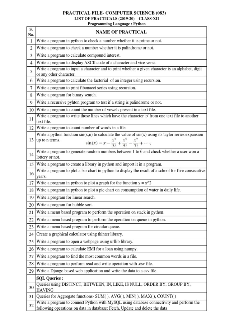 List of Practicals (2019-20) Class-Xii | PDF | Computer Program | Programming