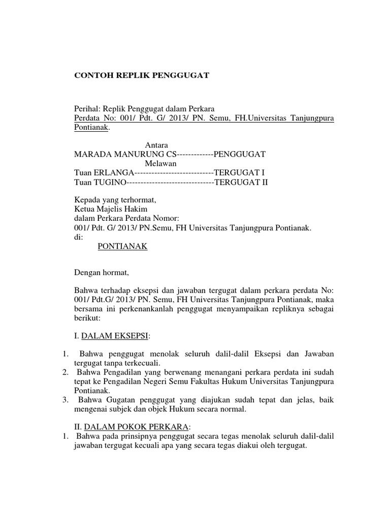 Contoh Replik Penggugat1 (Perdata) | PDF | Hukum