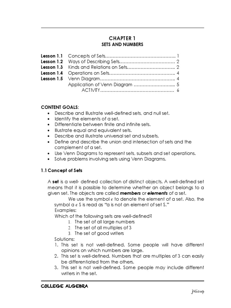 Sets and Numbers in College Algebra | PDF | Set (Mathematics) | Integer