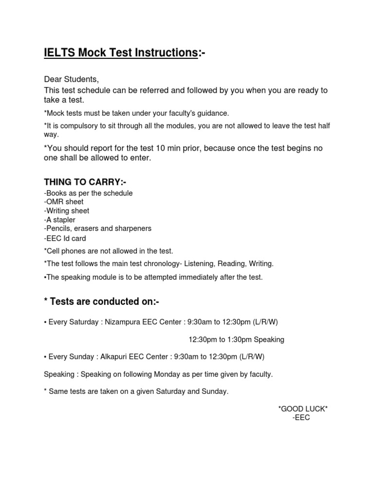IELTS Mock Test Instructions | PDF