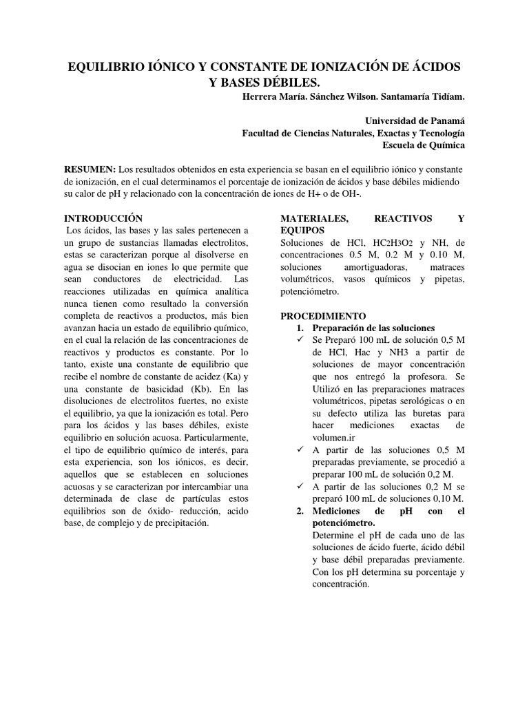 Herrera y Sánchez. Equilibrio Ionico y Constante de Ionizacion de ...