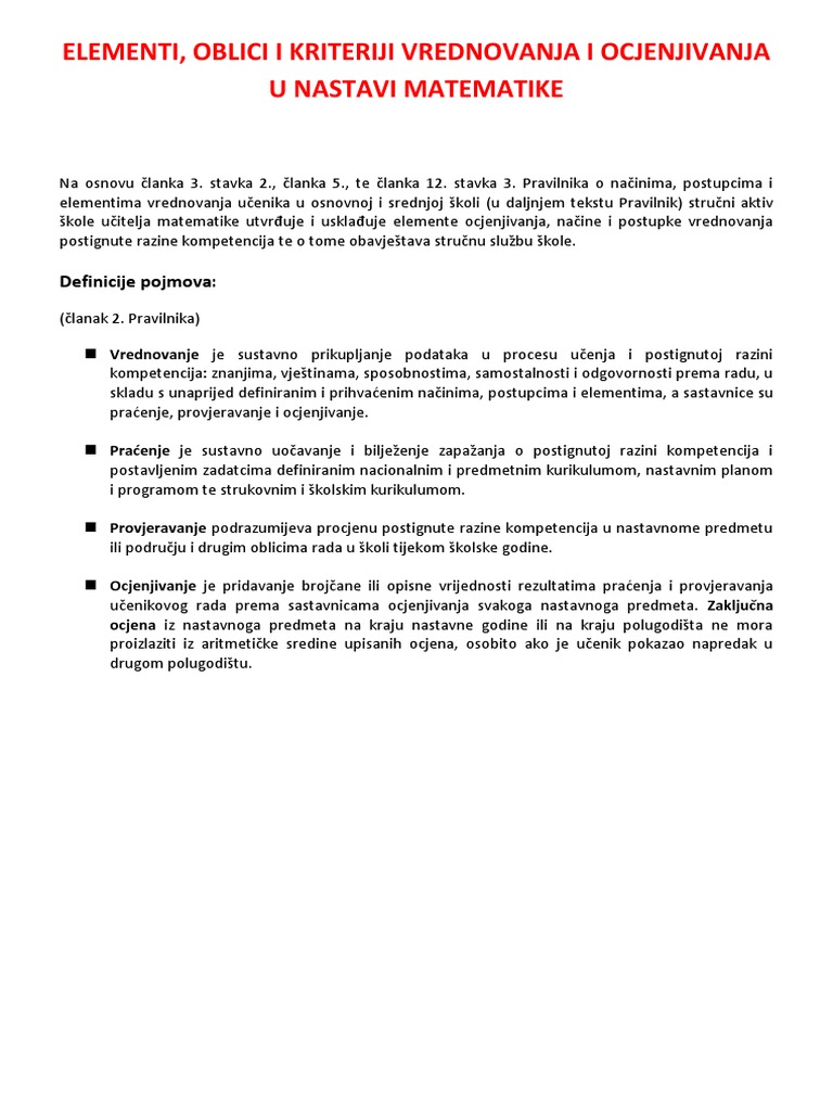 OŠ Čučerje - Kriteriji Vrednovanja I Ocjenjivanja - Matematika 2017 - 2018 | PDF