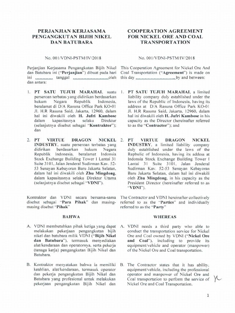Vdni-Ptsm - Perjanjian Kerjasama Pengangkutan Bijih Nikel Dan Batubara - Nomor 001 - 1 | PDF