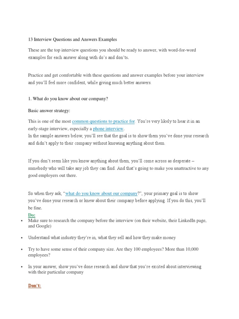 13 Interview Questions and Answers Examples | PDF | Question | Employment