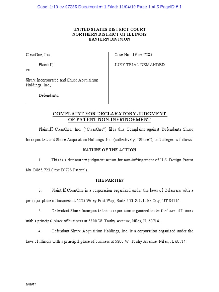 ClearOne v. Shure - Complaint | PDF | Declaratory Judgment | Complaint