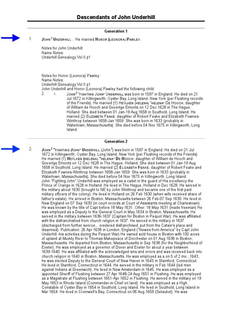 Descendant Report of John Underhill | PDF | History