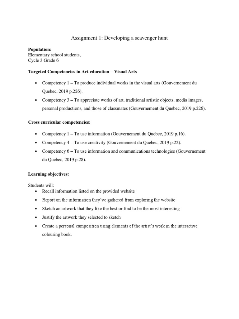 Scavenger Hunt for Grade 6 Art Students | PDF | Cognition | Communication