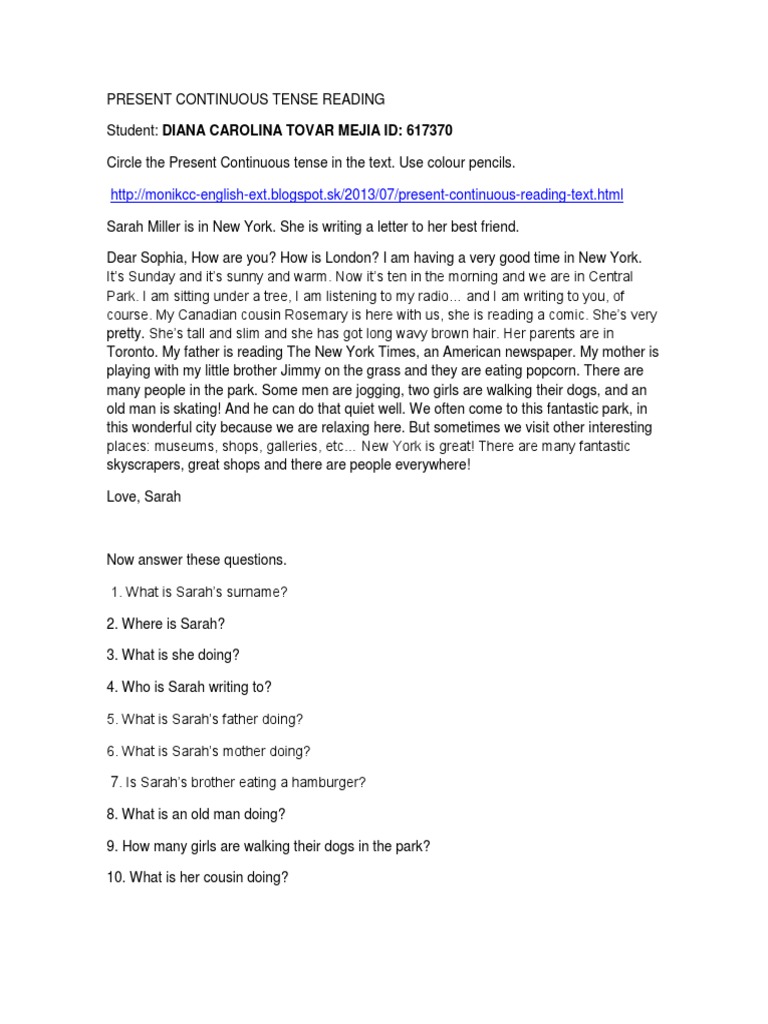 Present Continuous Tense Reading | PDF
