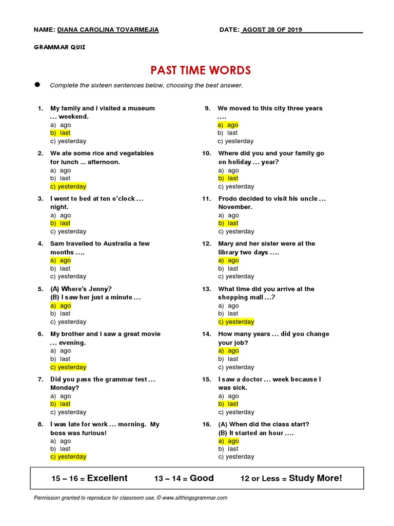 Past Time Words: Excellent Good Study More! | PDF