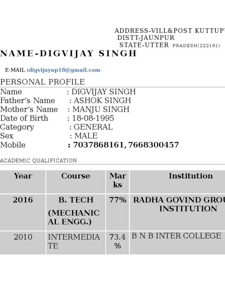 Name-Digvijay Singh: Address - Vill&Post Kuttupur Distt-Jaunpur State ...