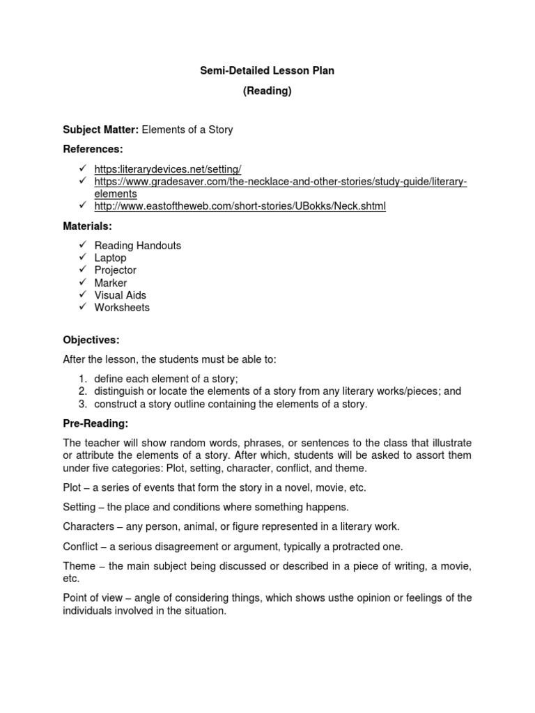 Elements of a Story Lesson Plan | PDF | Cognition | Communication