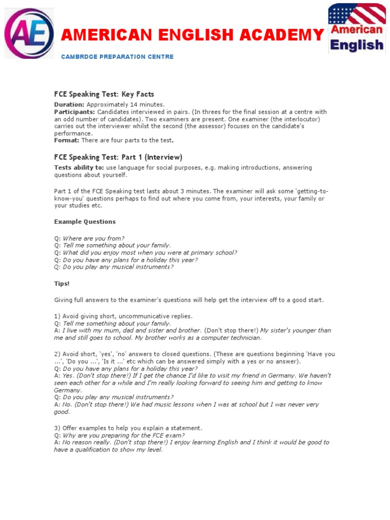 FCE Speaking Test TIPS | PDF | Question | Test (Assessment)
