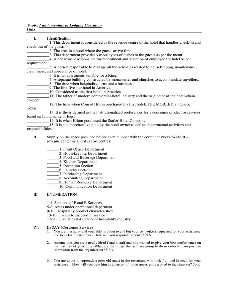 Quiz 1 | PDF | Hotel | Hospitality Industry