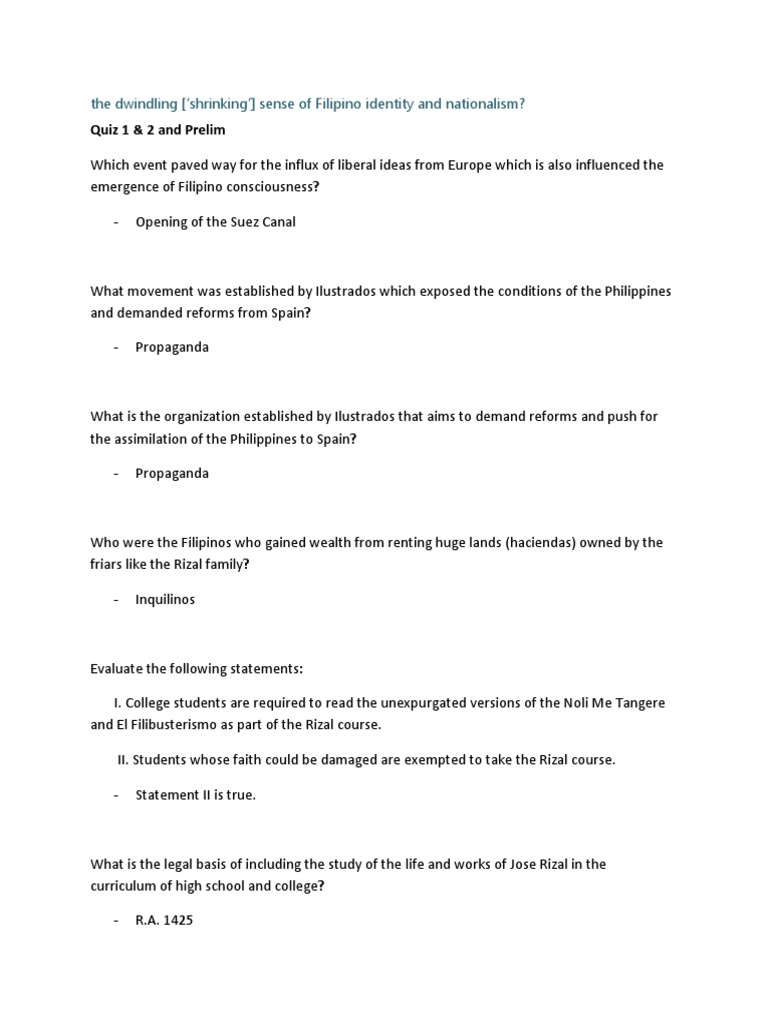 Rizal Life Works BL Guide Quiz 12 and Prelim | PDF | Philippines | Spain