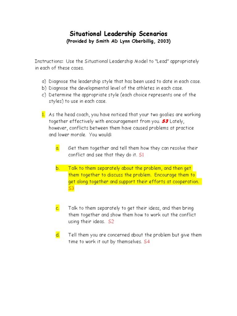 Situational Leadership Scenarios Guide | PDF | Leadership | Behavioural ...