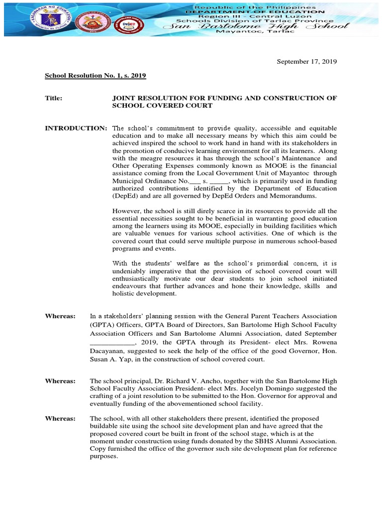 School Covered Court Joint Resolution | PDF | Cognition | Behavior ...