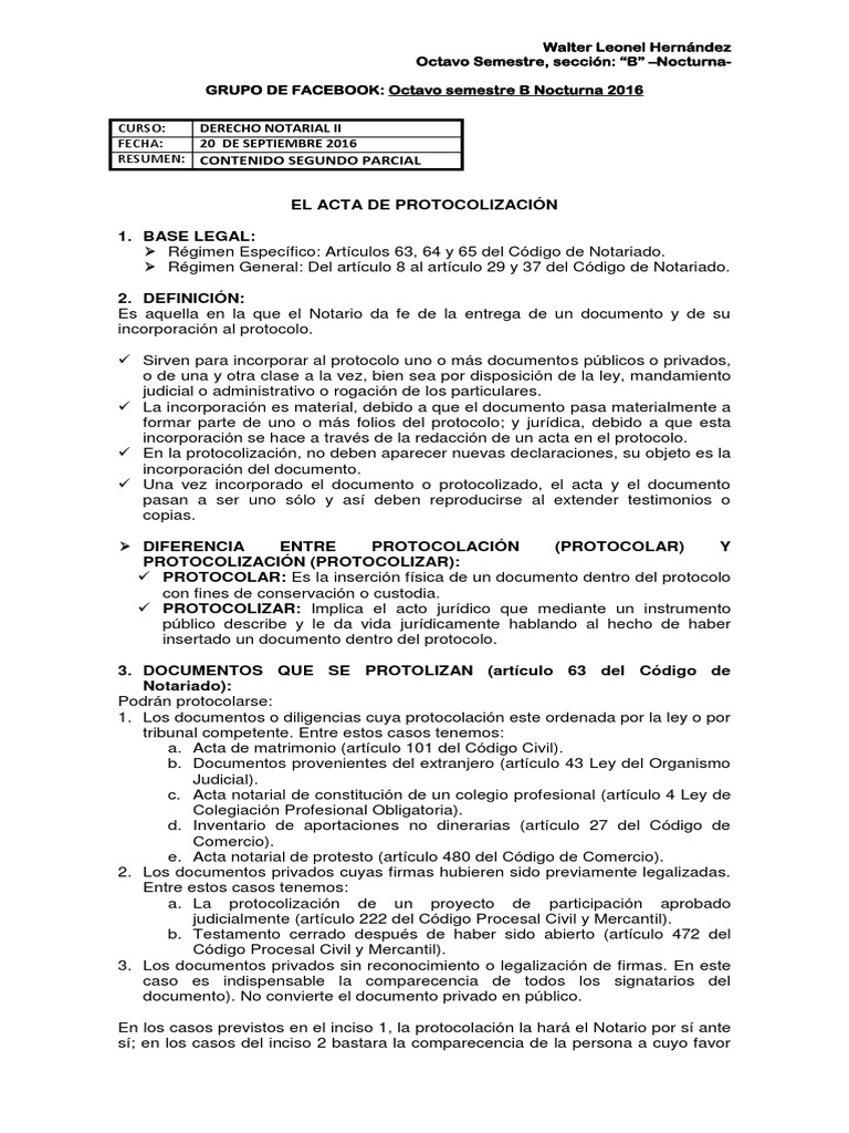 CAPITULO ACTA DE PROTOCOLIZACION, NOTARIADO II - PDF Versión 1 PDF | PDF | Instituciones ...