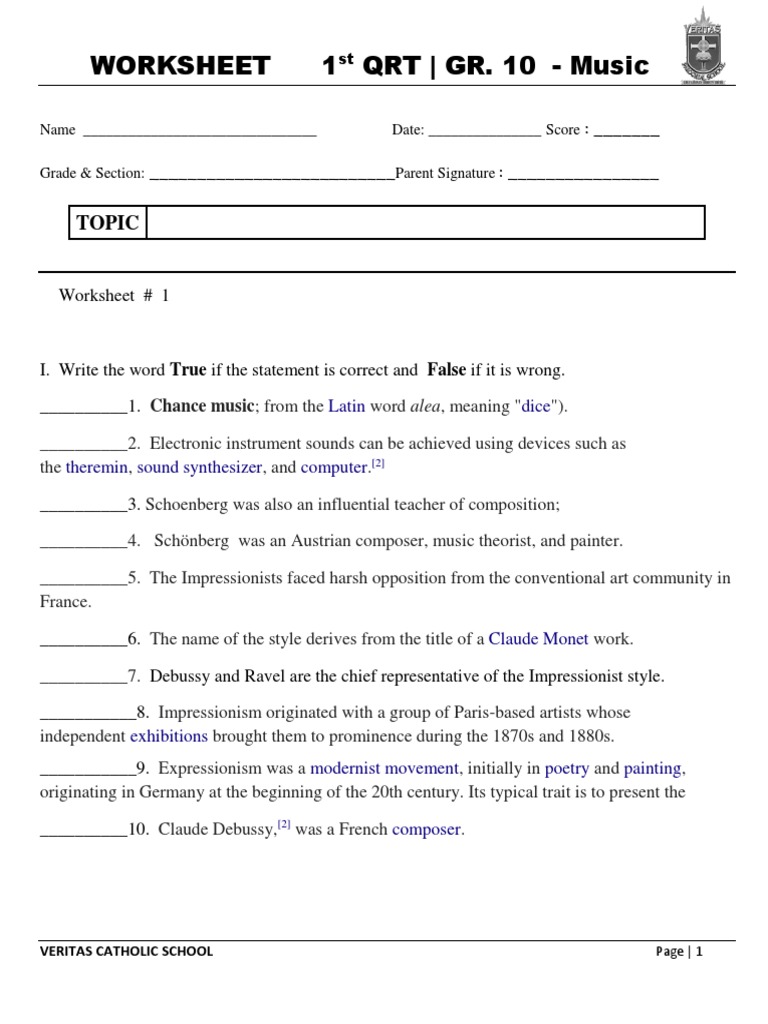 Worksheet Music GR 10 1st QT | PDF | Impressionism | Performing Arts