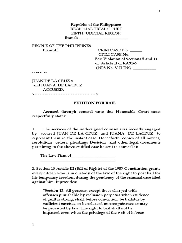 Petition for Bail in Criminal Case | PDF | Bail | Burden Of Proof (Law)