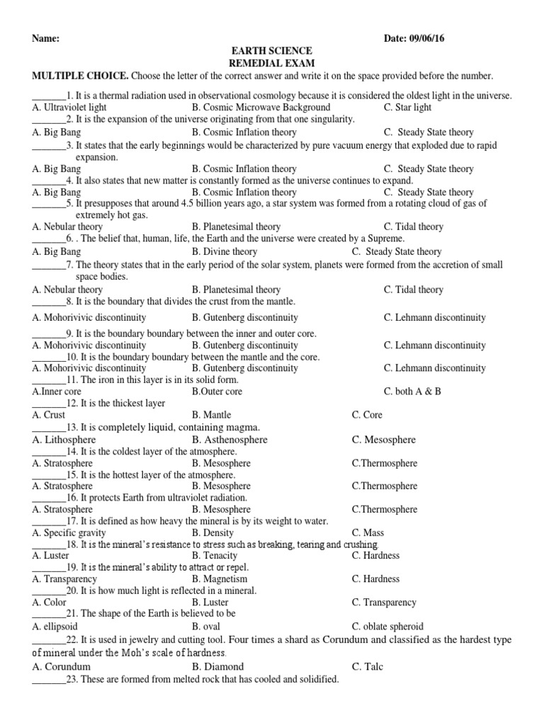 Remedial Exam Es | PDF | Sedimentary Rock | Rock (Geology)