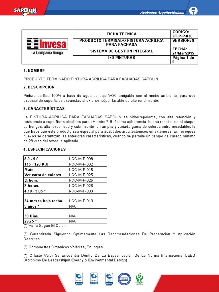 Pintura Acrilica para Exteriores Ficha Min | Descargar gratis PDF ...
