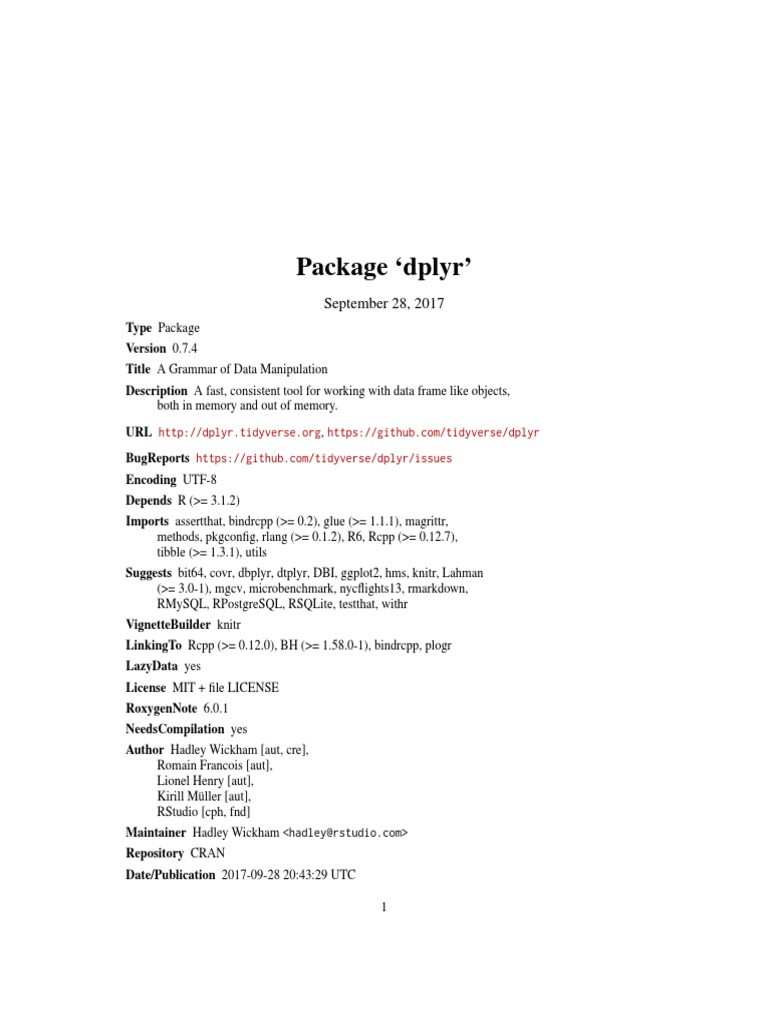 Package Dplyr': September 28, 2017 | PDF | Anonymous Function | Parameter (Computer Programming)