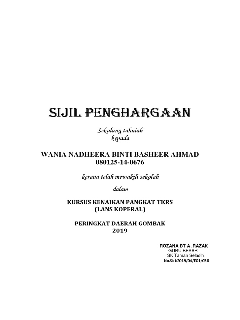 Sijil Penghargaan Anugerah Khas Koku | PDF