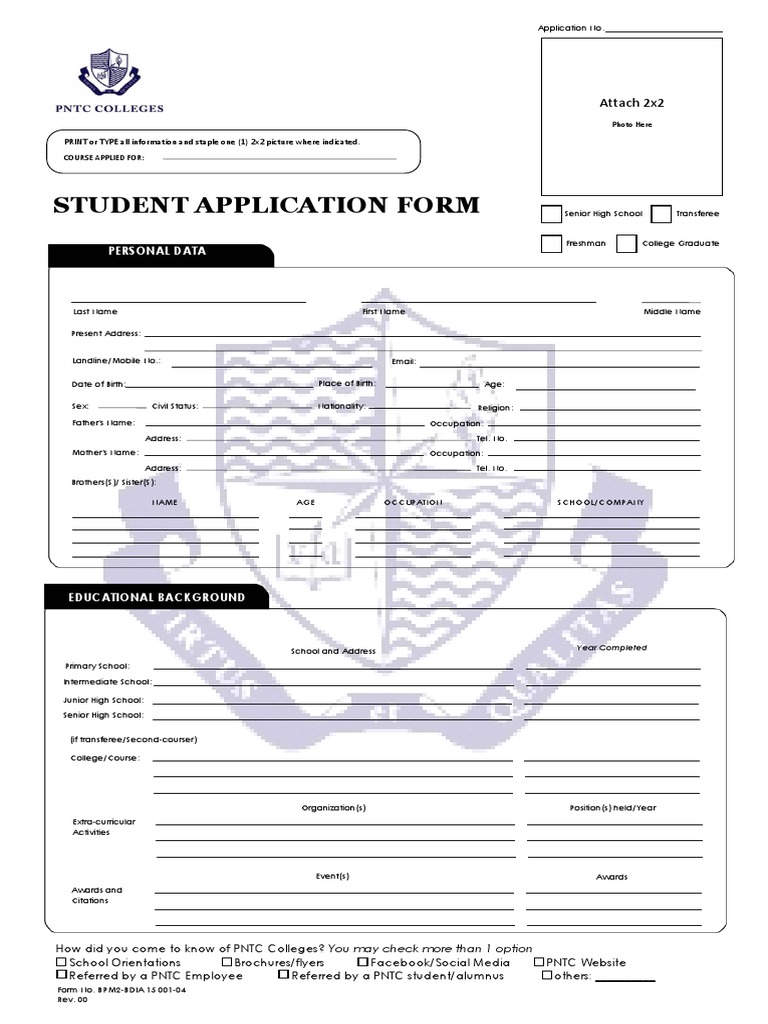 Student Application Form for PNTC Colleges | PDF | Middle Schools ...