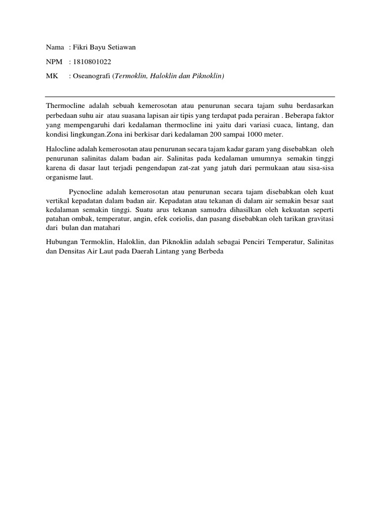 Haloklin, Thermoklin Dan Piknoklin | PDF