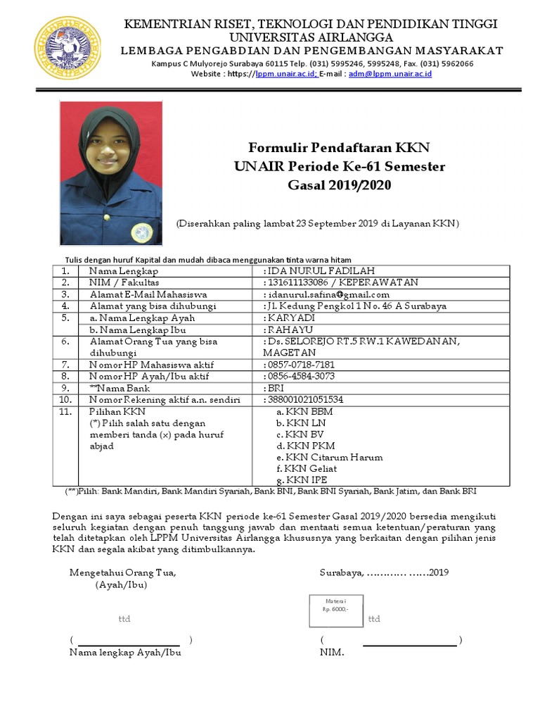 Formulir Pendaftaran KKN Periode 61 LPPM Universitas Airlangga | PDF