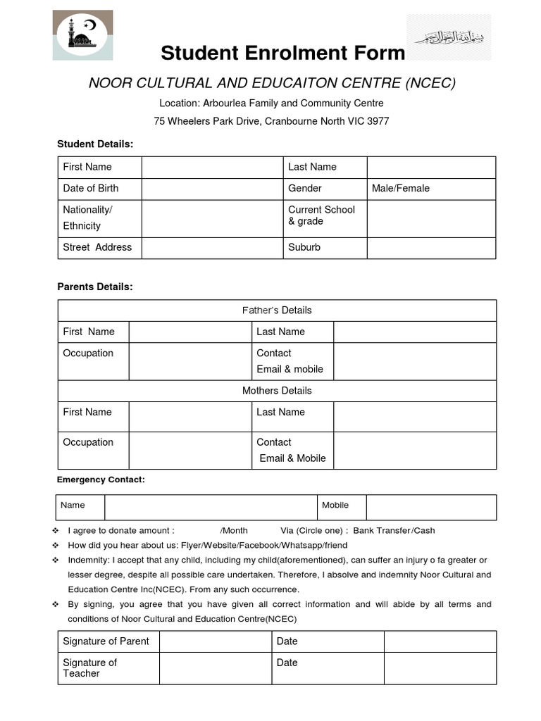 NCEC Student Enrolment Form | PDF