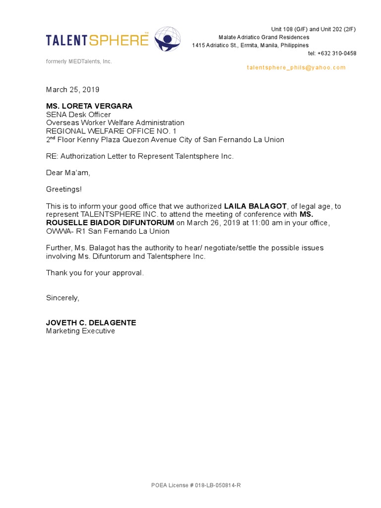Authorization Letter for OWWA Meeting | PDF