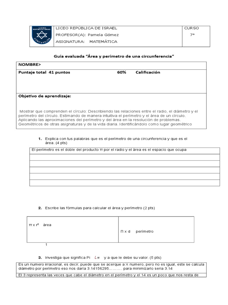 Guia Evaluada Area y Perimetro de Una Circunferencia Septimo Basico Ari | PDF | Pi | Objetos ...