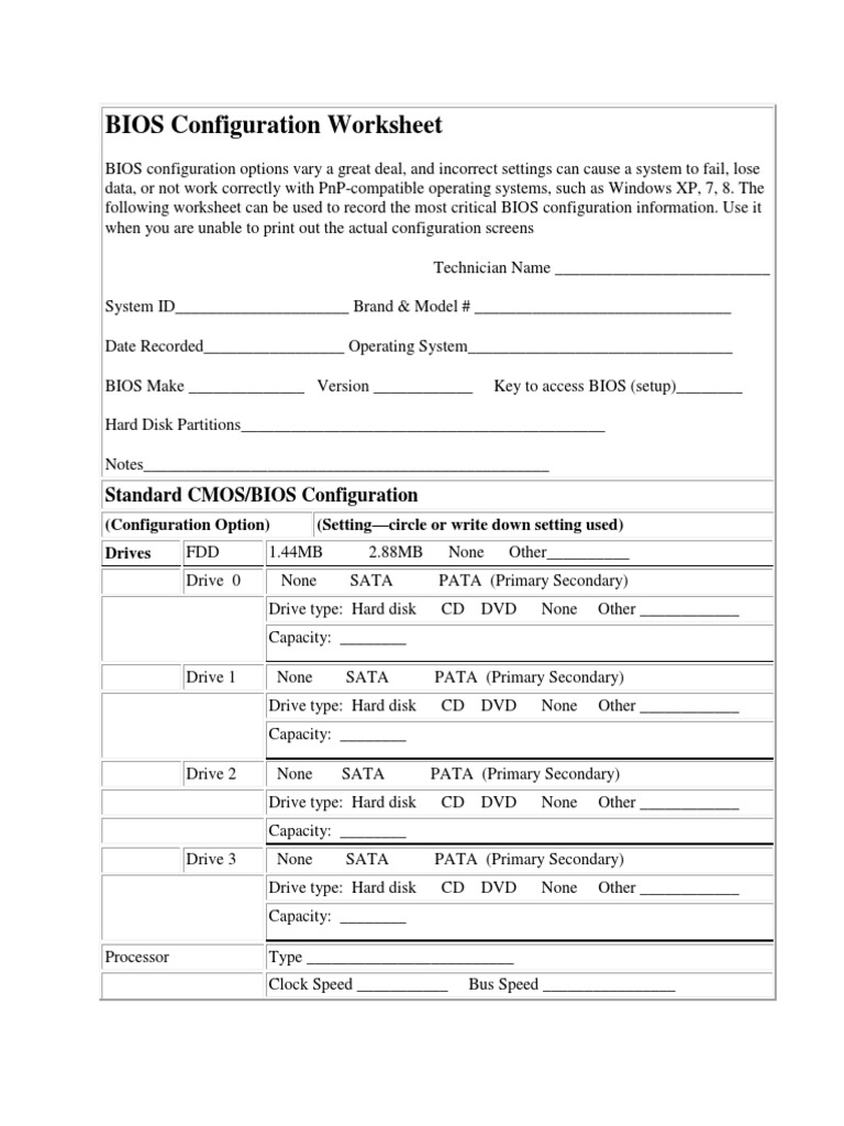BIOS Configuration Worksheet | PDF | Bios | Hard Disk Drive