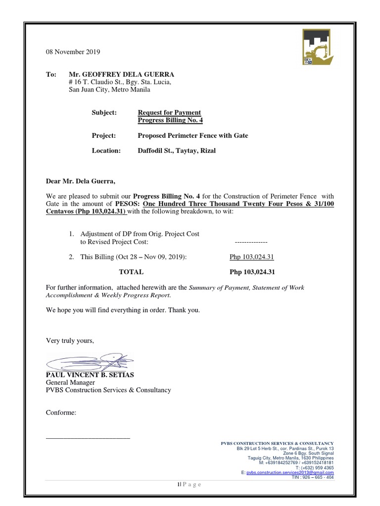 PVBS Request For Payment (Progress Billing No. 4) | PDF