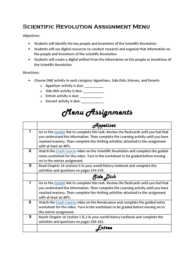 Scientific Revolution Assignment Menu | PDF | Entrée | Learning