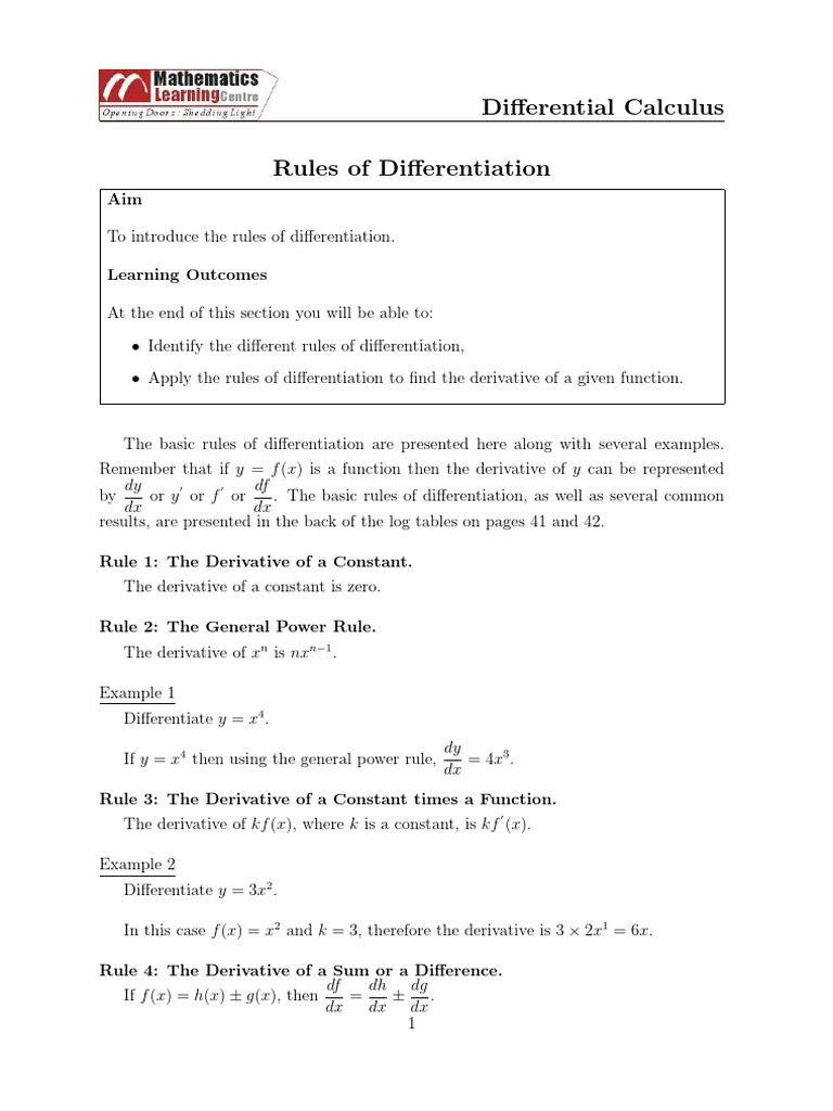 Differential Calculus Rules of Differentiation | PDF | Derivative | Mathematical Objects