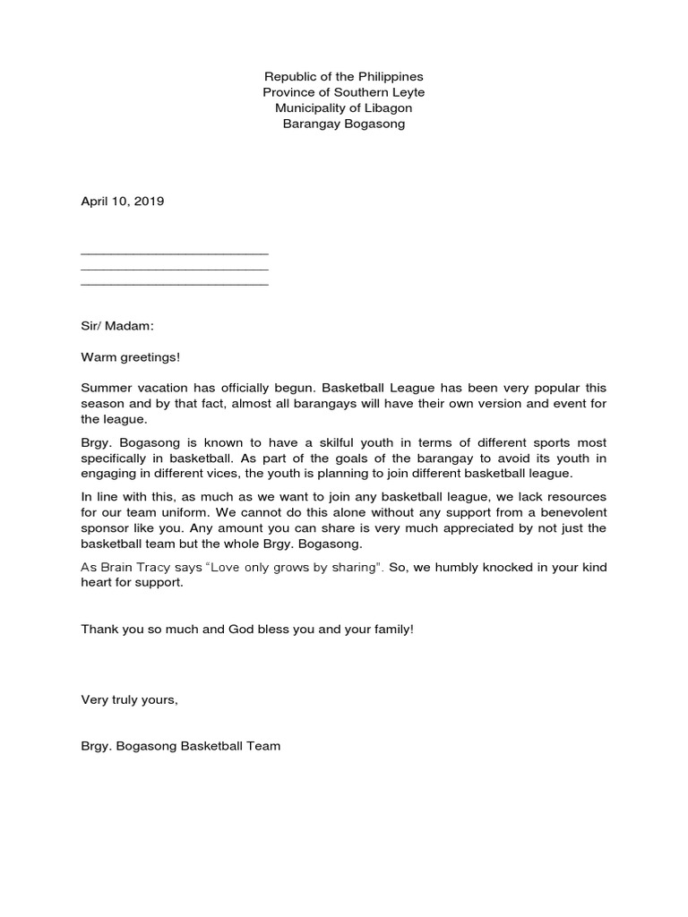 Solicitation Letter for Basketball Uniform | PDF