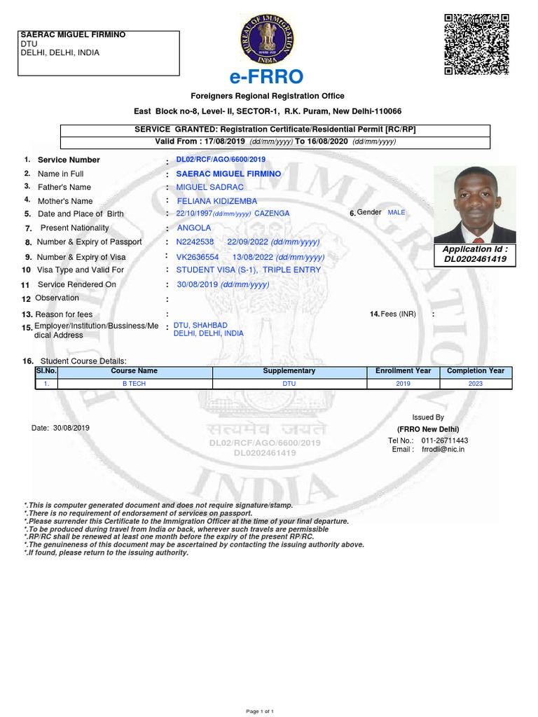 e-FRRO: Saerac Miguel Firmino | PDF | Travel Visa | Passport